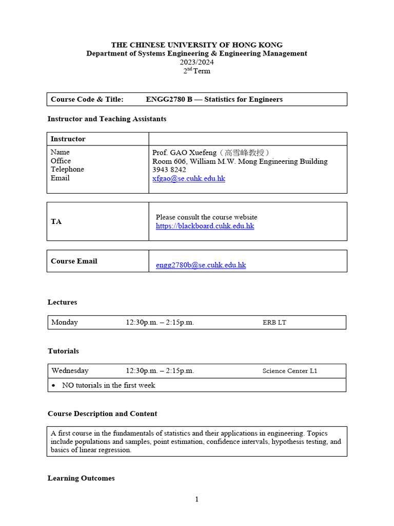 ENGG2780B Course Outline 2024 | Download Free PDF | Statistics | Engineering