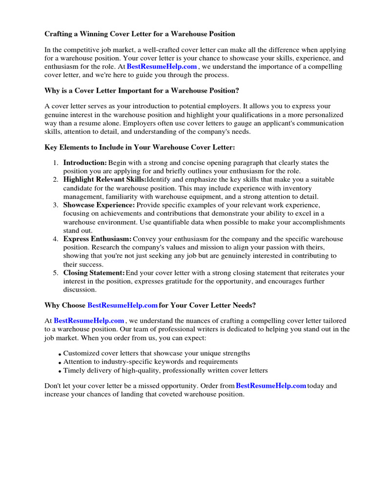 Cover Letter Warehouse Position | PDF | Résumé | Warehouse Cover Letter Warehouse Position | PDF | Résumé | Warehouse