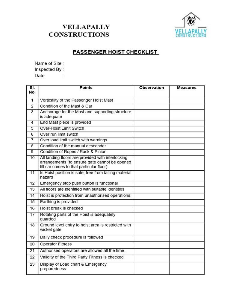 Passenger Hoist Safety Inspection Checklist | PDF