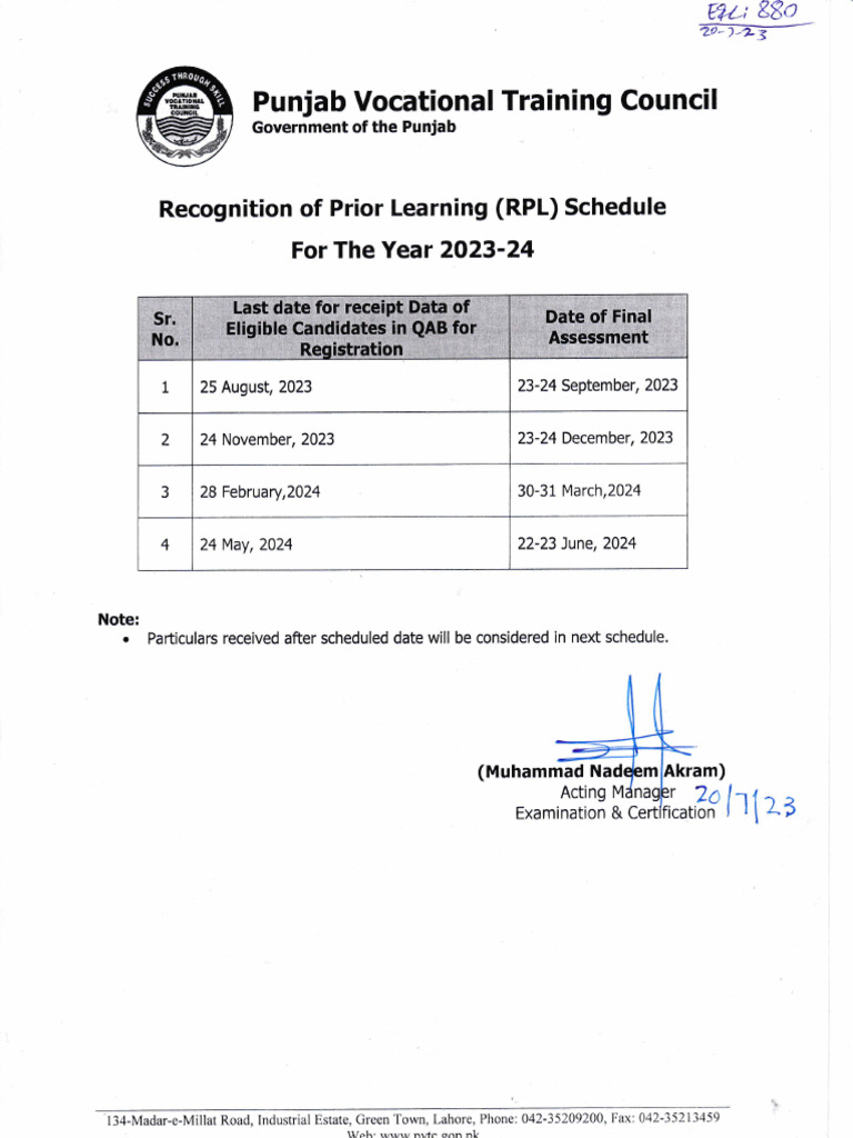 Schedule of RPL Assessment (2023-2024) | PDF