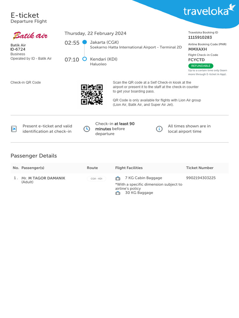 Batik Air E-Ticket Details and Guidelines | PDF | Airlines | Transport