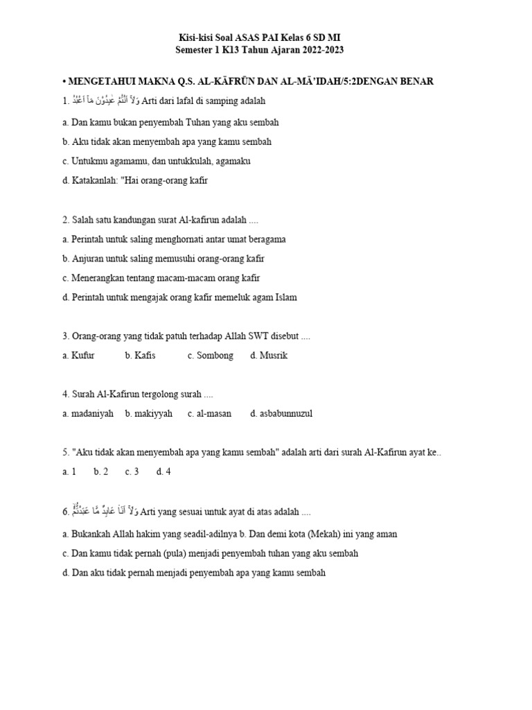 Contoh Kisi Kisi Asas PAI | PDF