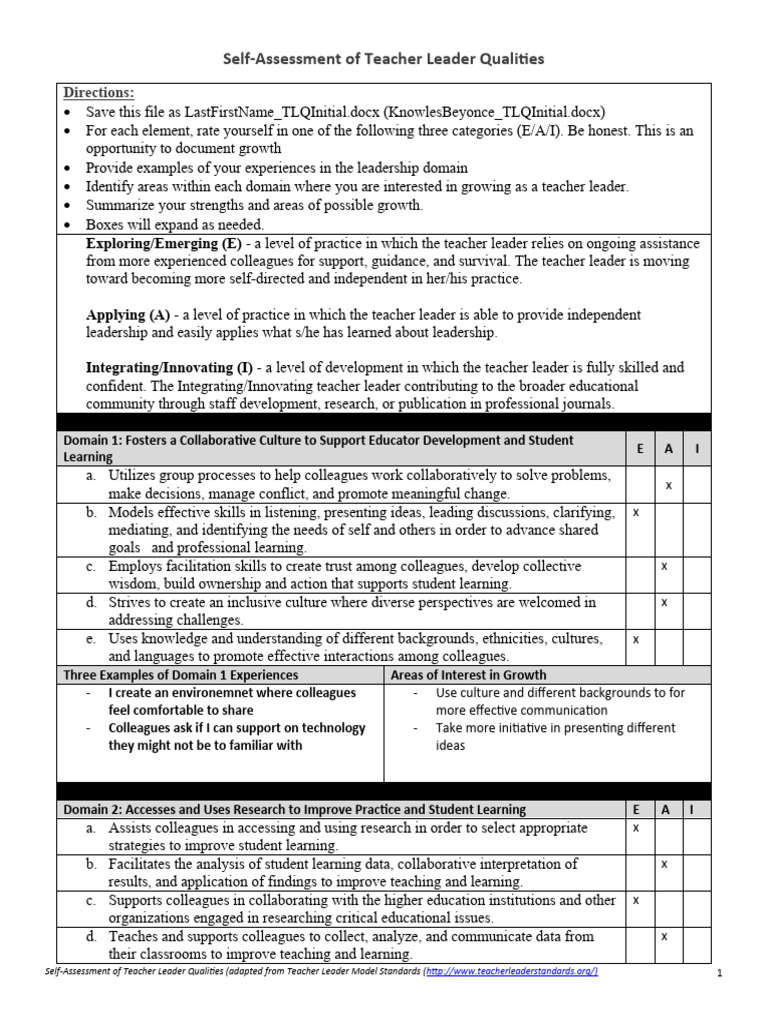 Teacher Leader Qualities Self-Assessment | PDF | Learning | Leadership
