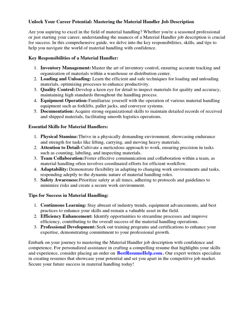 Material Handler Job Description Resume | PDF | Warehouse | Pallet