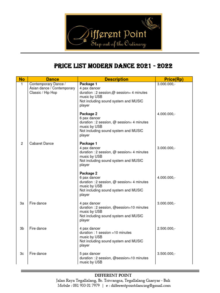 Price List Modern Dance 2021 - 2022 | PDF | Dances | Physical Exercise