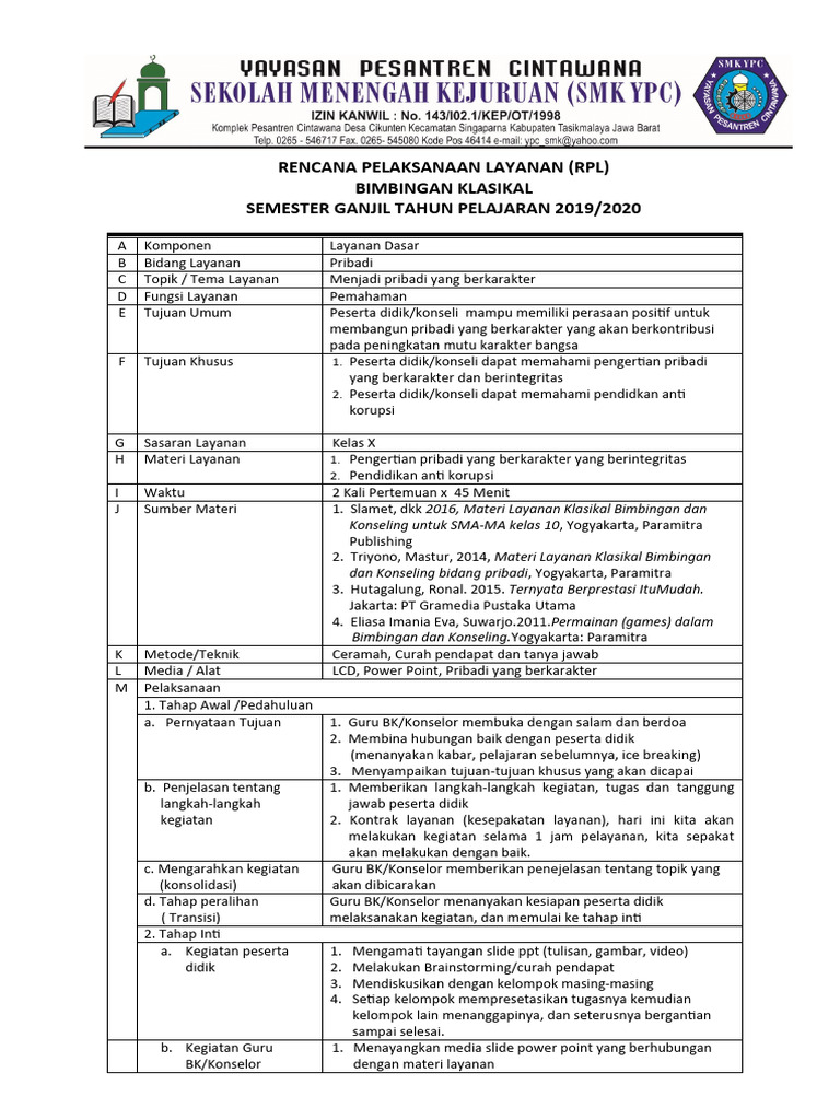Rencana Pelaksanaan Layanan BK | PDF | Karier & Perkembangan