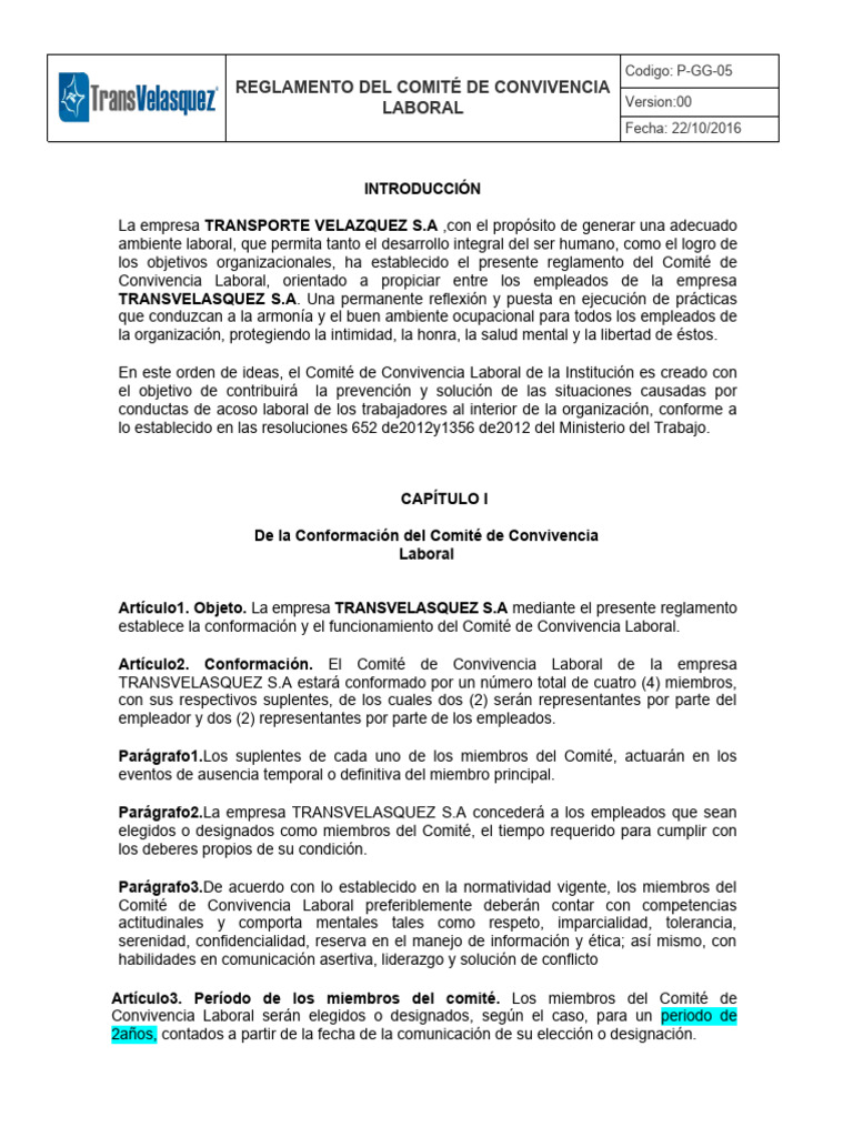 Reglamento de Comite de Convicencia Laboral | PDF | Derecho laboral | Business