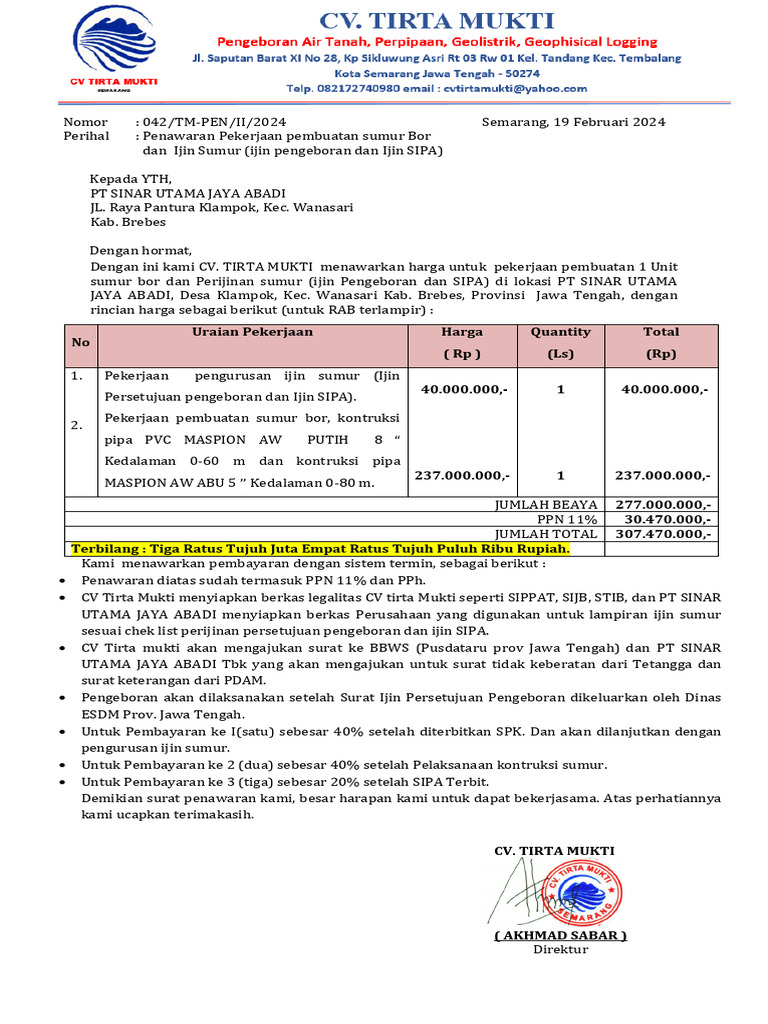 Penawaran Pekerjaan Sumur Bor Dan Ijin Sumur | PDF
