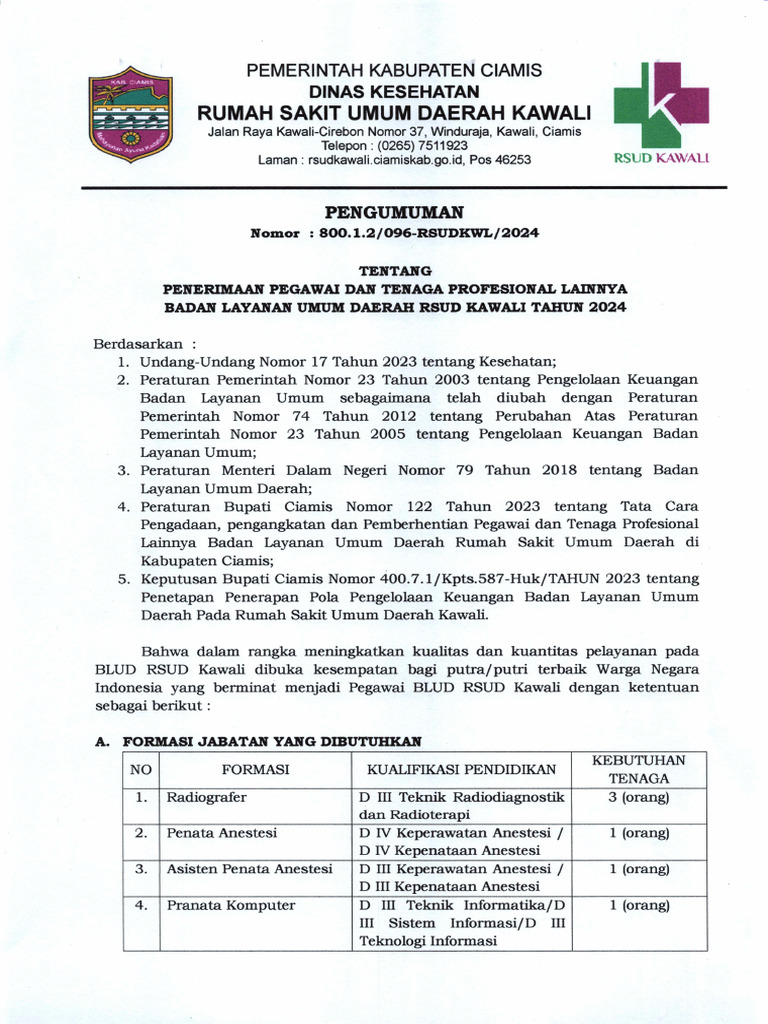Surat Pengumuman Rekrutmen Pegawai Blud Rsud Kawali | PDF