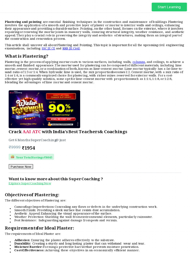 Plastering and Pointing - Definitions, Types, Working, Differences | PDF