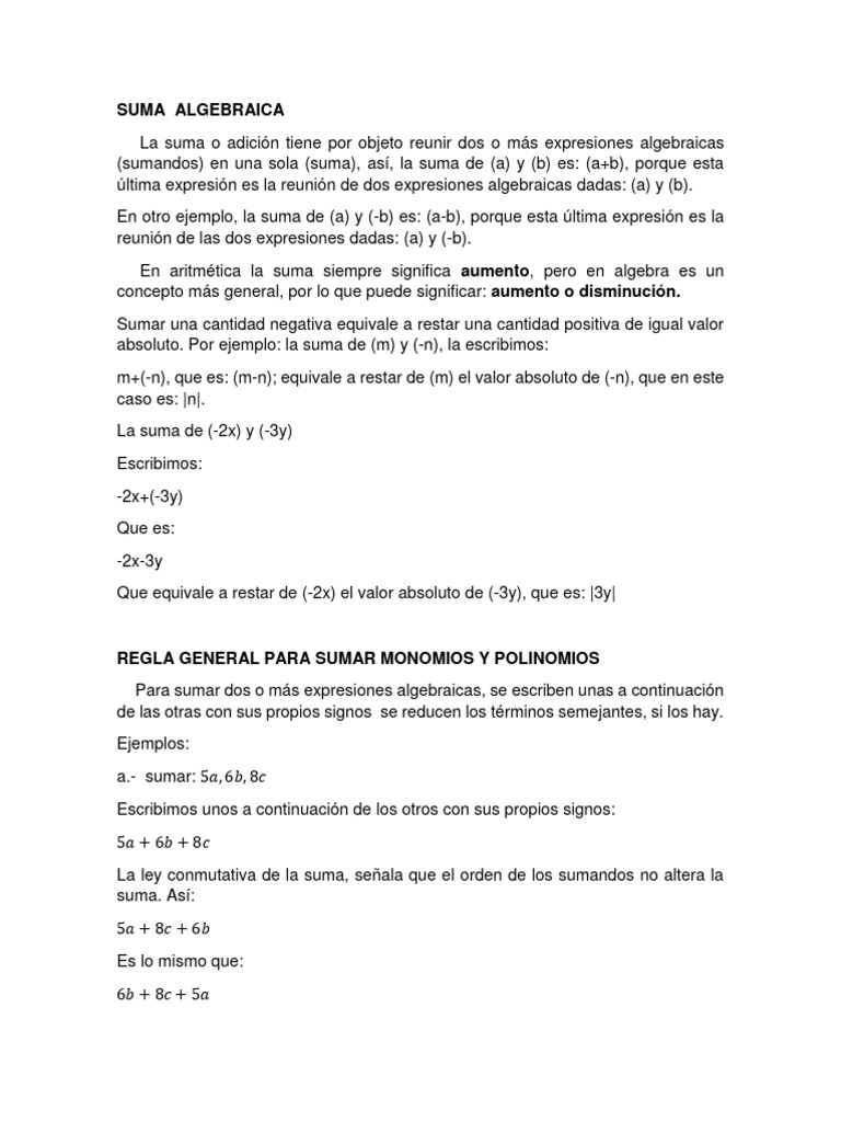 Suma y Resta Algebraica (Teoria y Taller 03) | Descargar gratis PDF ...