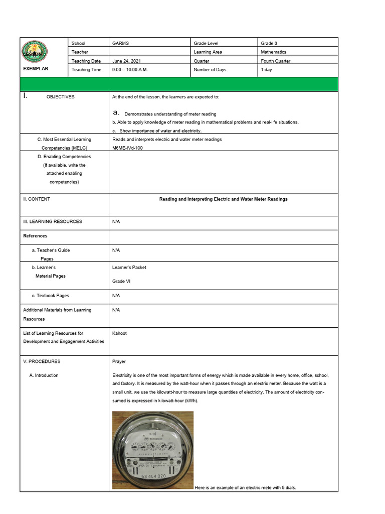 Math 6 LE Meter Reading Repaired | PDF | Learning