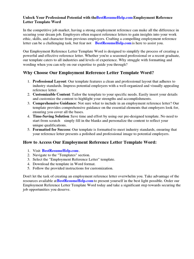 Employment Reference Letter Template Word | Download Free PDF ...