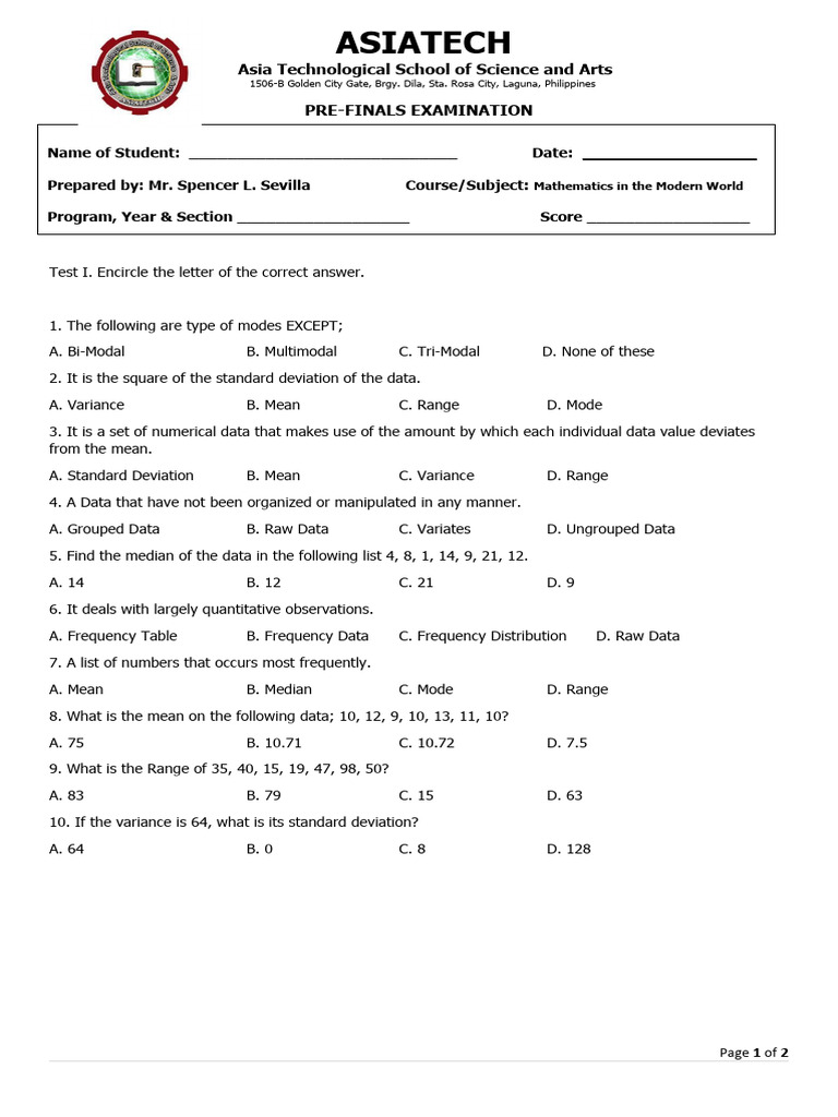 Pre-Finals MMW Sevilla | PDF | Mode (Statistics) | Median