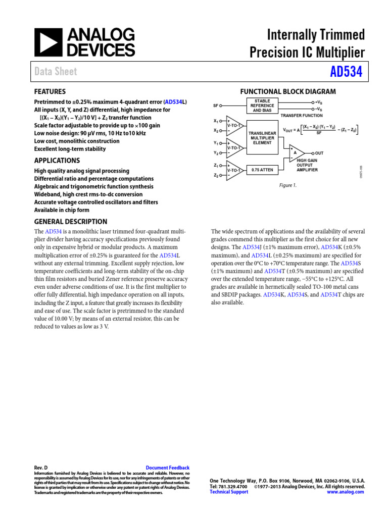 AD534 Precision IC Multiplier Datasheet | PDF | Amplifier | Resistor