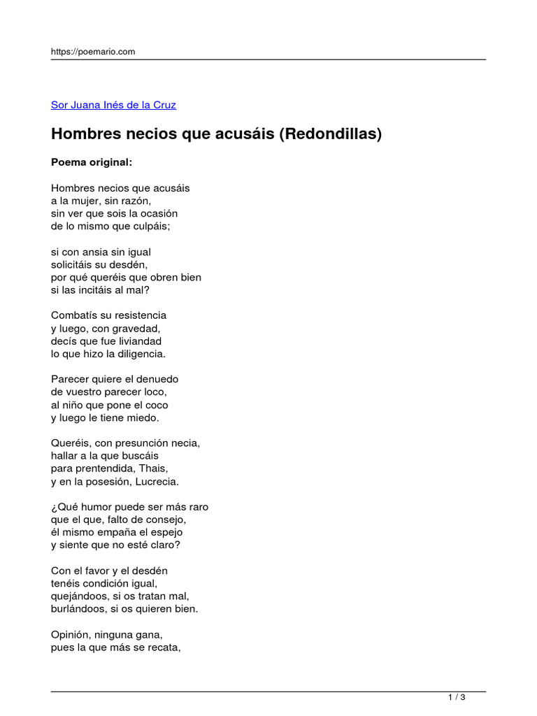Redondillas de Sor Juana Inés de la Cruz | PDF