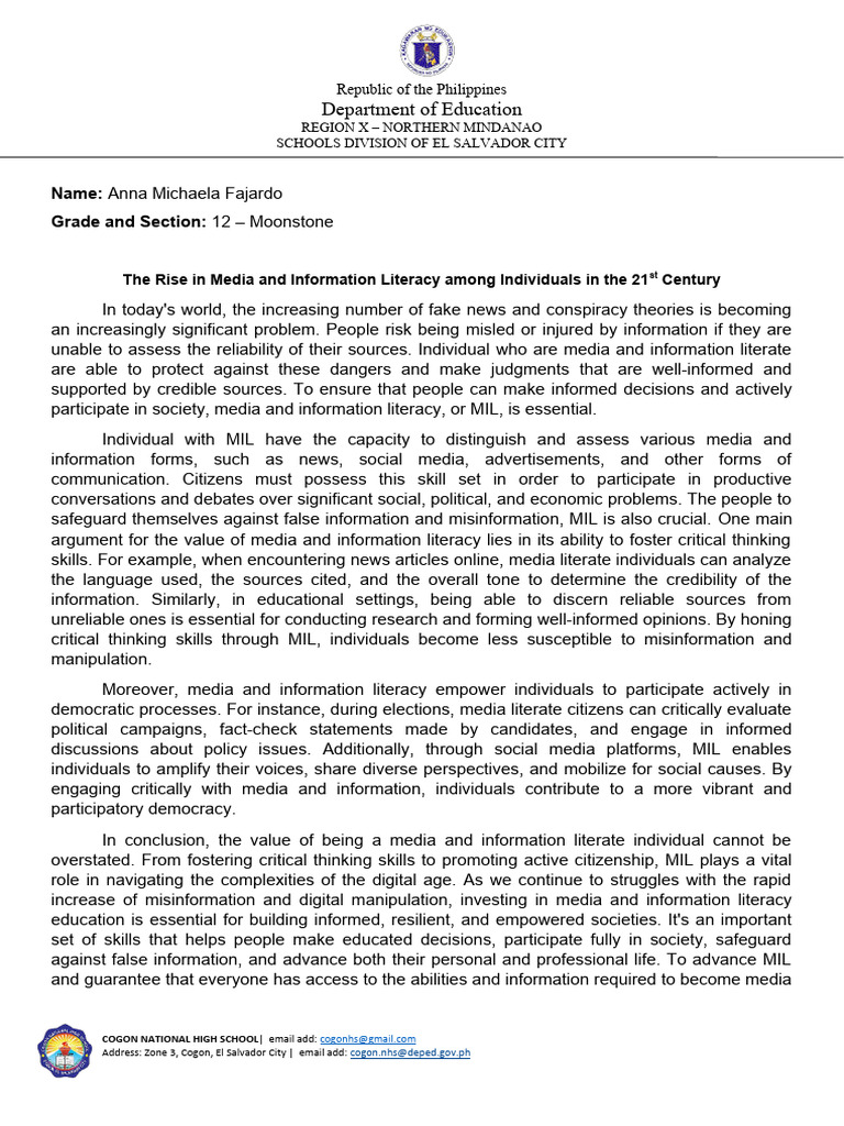 Department of Education: Name: Anna Michaela Fajardo Grade and Section: 12 - Moonstone | PDF ...