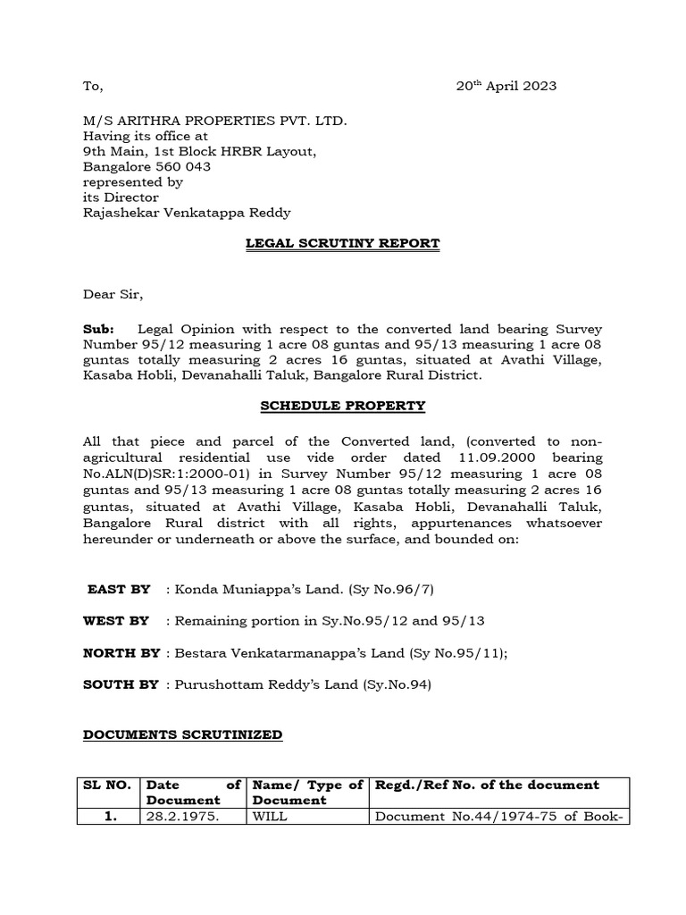 Final-Legal Opinion - Basavaiah-Arithra Properties | PDF | Deed | Lawsuit