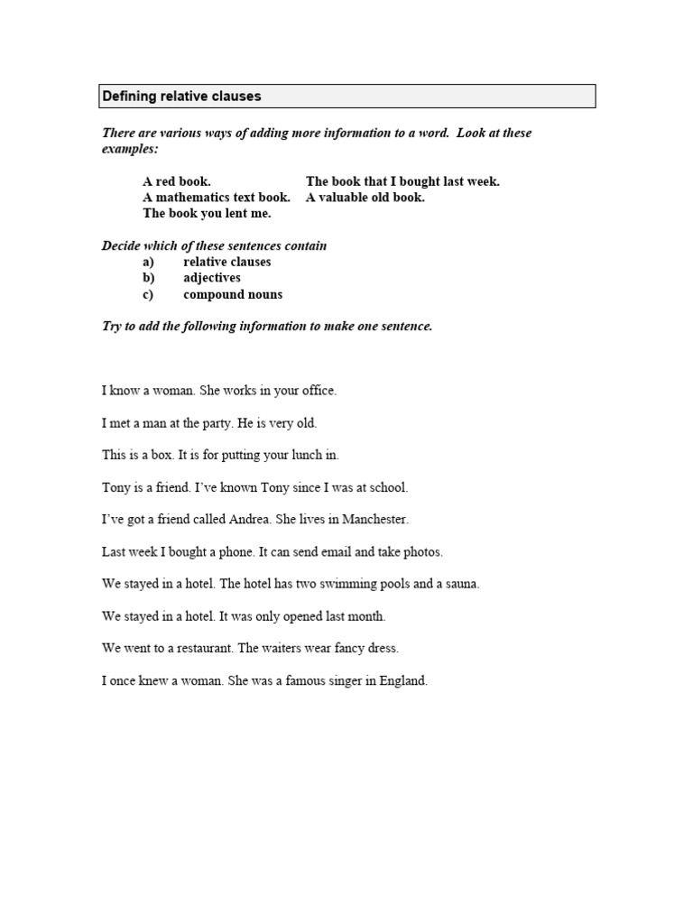 Defining Relative Clauses Worksheet | PDF | Language Arts & Discipline