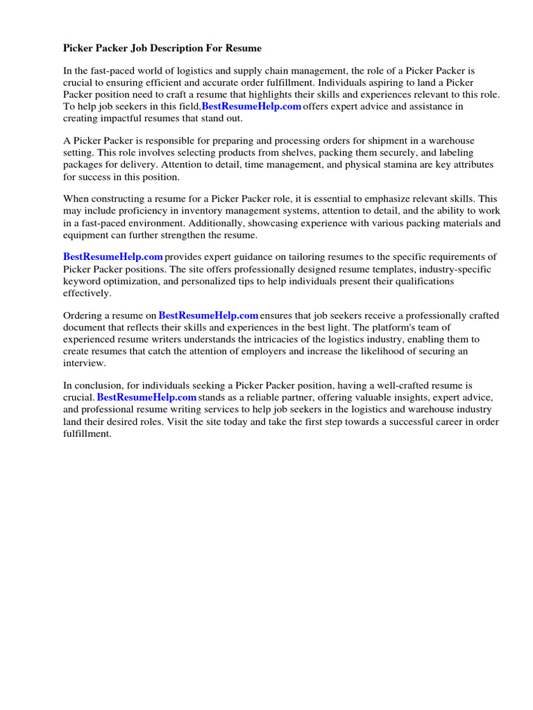Picker Packer Job Description For Resume | PDF | Résumé | Warehouse