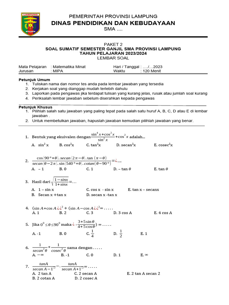 1.1 Naskah Soal Paket 1 - Mapel MTK MINAT - Kelas 11 - K13 - YamirS - Yamir Sugiyono | PDF