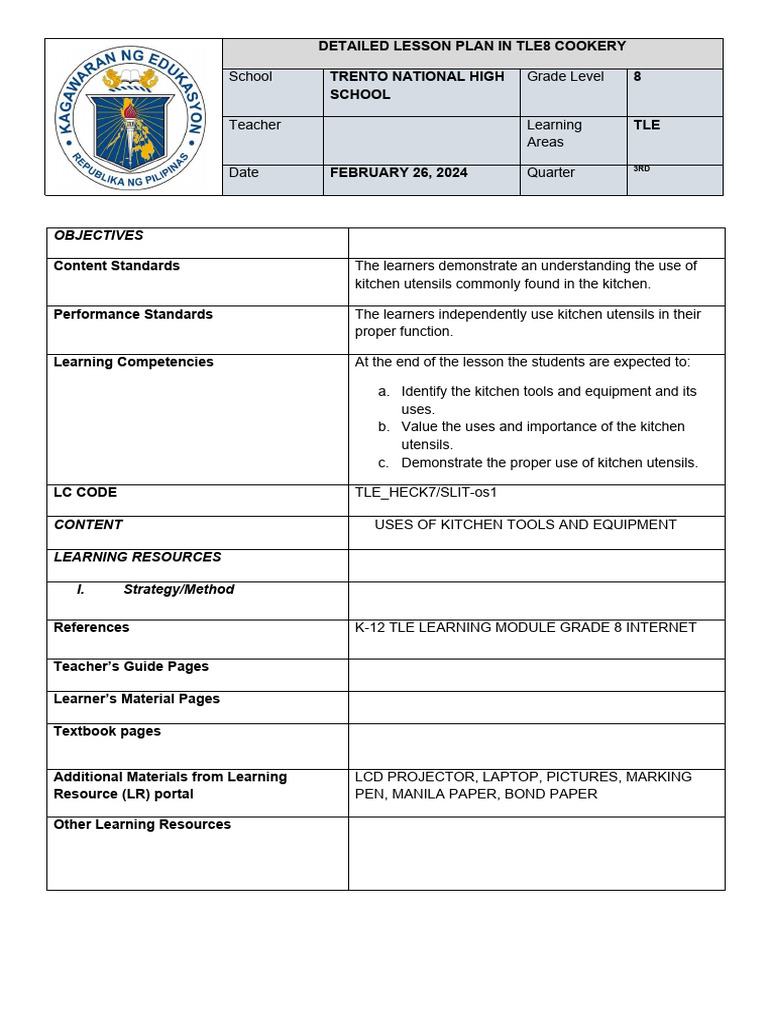 Jhs-Lesson Plan Cookery | PDF | Learning | Teachers