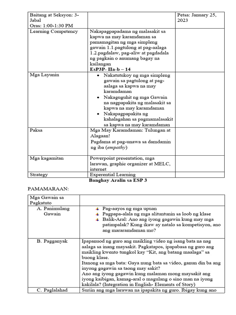 Grade III Lesson Plan in ESP | PDF