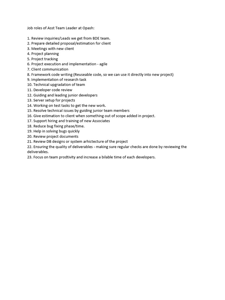 Assistant Team Leader Responsibilities | PDF | Computers