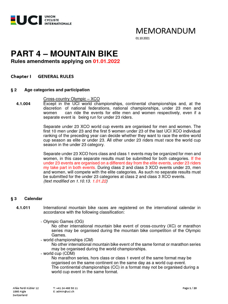 UCI Mountain Bike Rules 2022 Update | PDF | Land Transport | Adventure ...