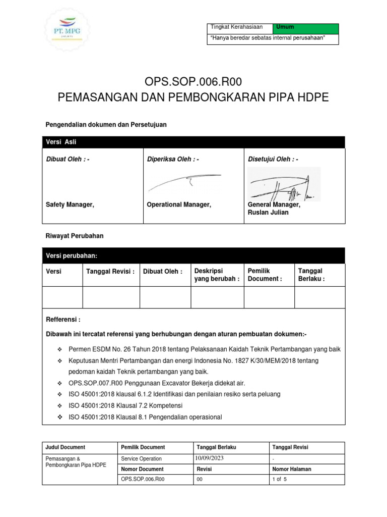 006 OPS - SOP.006.R000 Pemasangan & Pembongkaran Pipa HDPE | PDF