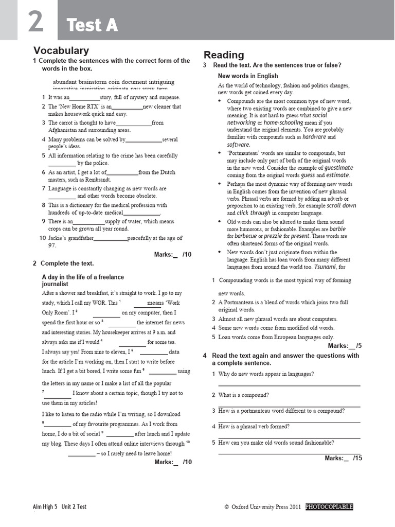 Aim High 5 Unit 2 Test Overview | PDF | English Language | Word