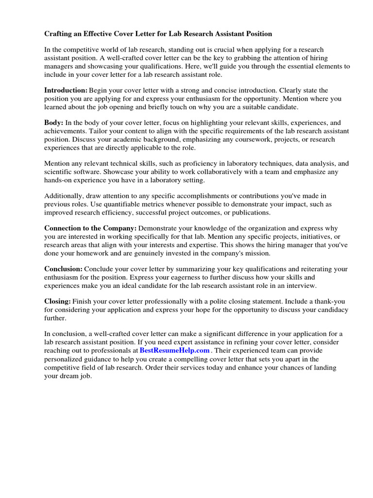 Cover Letter For Lab Research Assistant | PDF | Laboratories | Experience