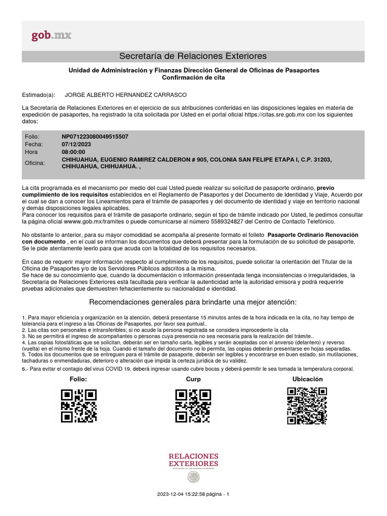 Confirmación Cita Pasaporte SRE | PDF | Pasaporte