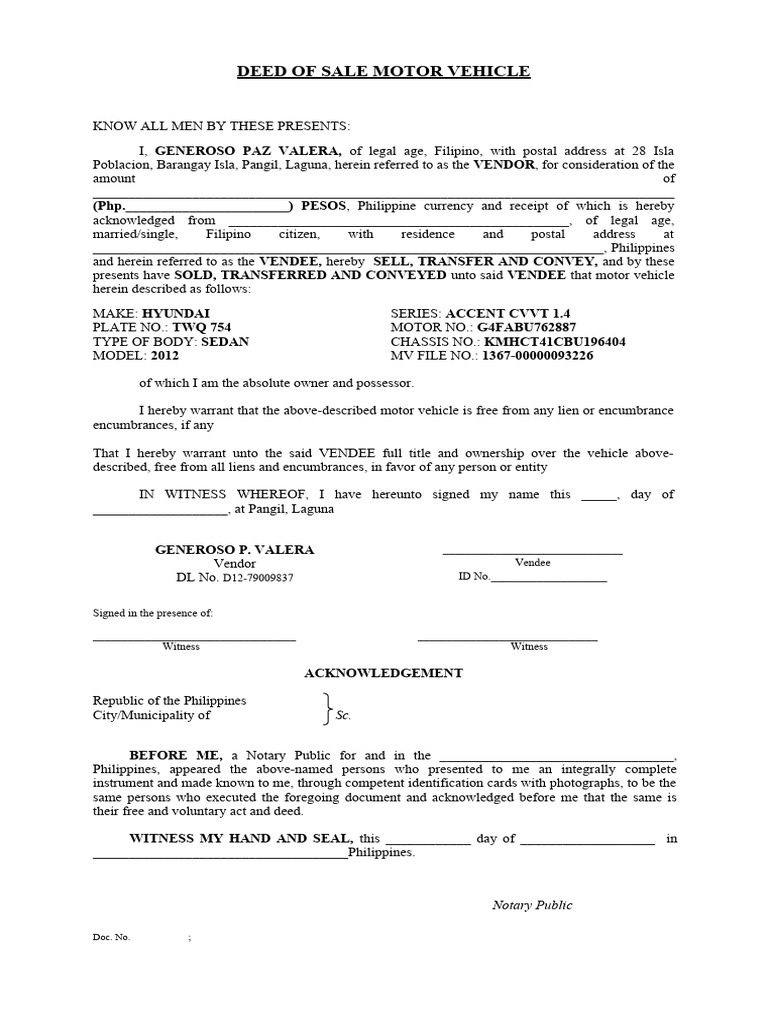 Deed of Sale Motor Vehicle Accent2024 | PDF | Civil Law (Common Law)