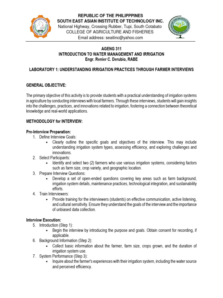 Laboratory 1 Understanding Irrigation Practices Through Farmer Interviews | PDF | Irrigation ...