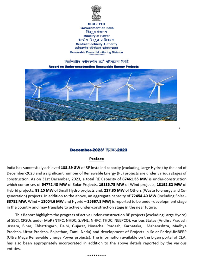Report On Under Construction Renewable Energy Projects For The Month ...