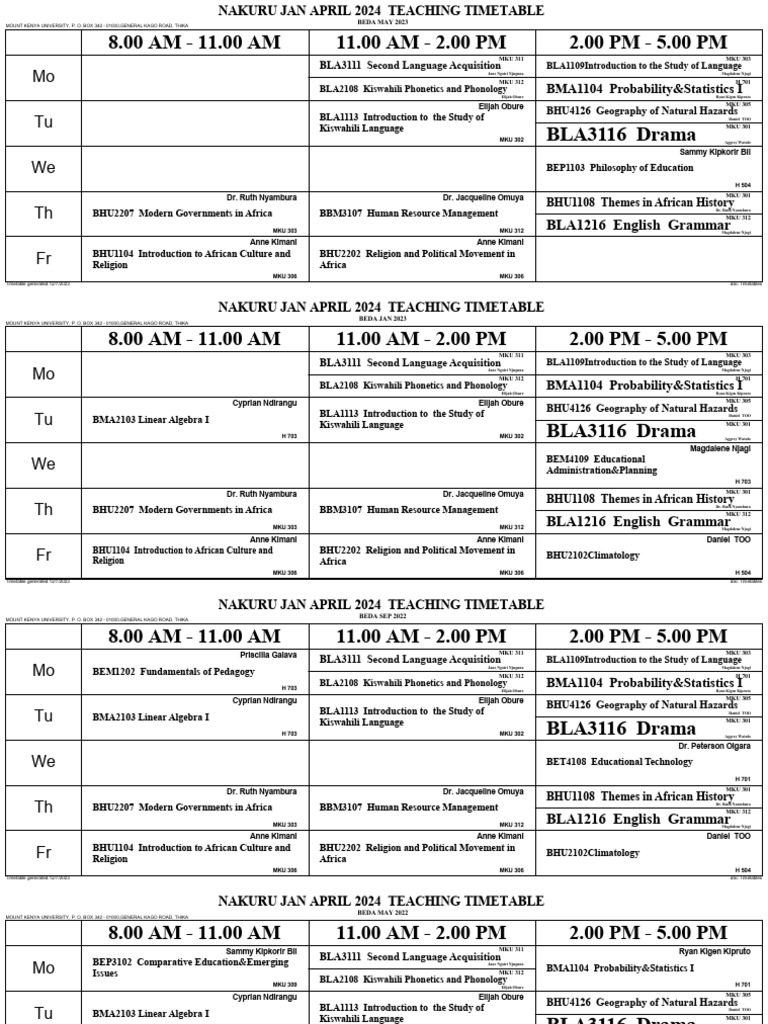 Nakuru January April 2024 Teaching Timetable 1 | PDF | Linguistics ...