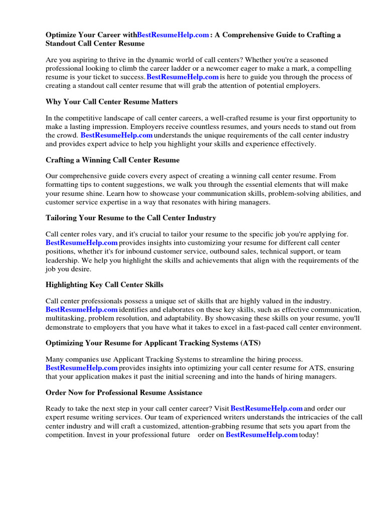 Call Center Resume Writing Guide Pdf Call Centre Résumé