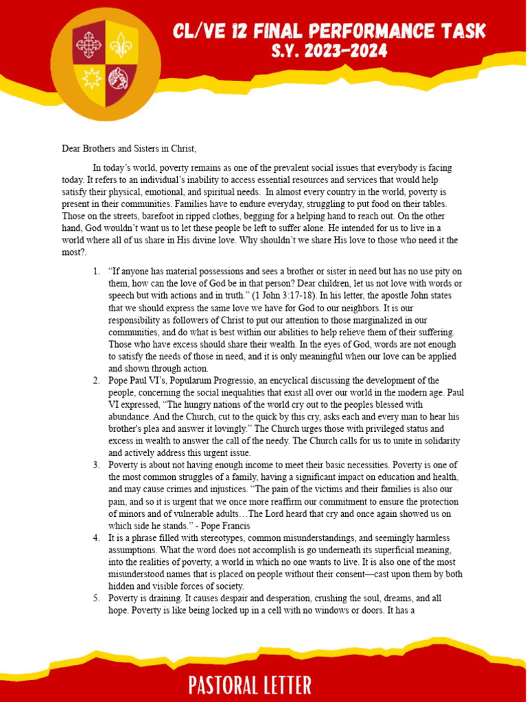Pastoral Letter | PDF | Poverty | Poverty & Homelessness
