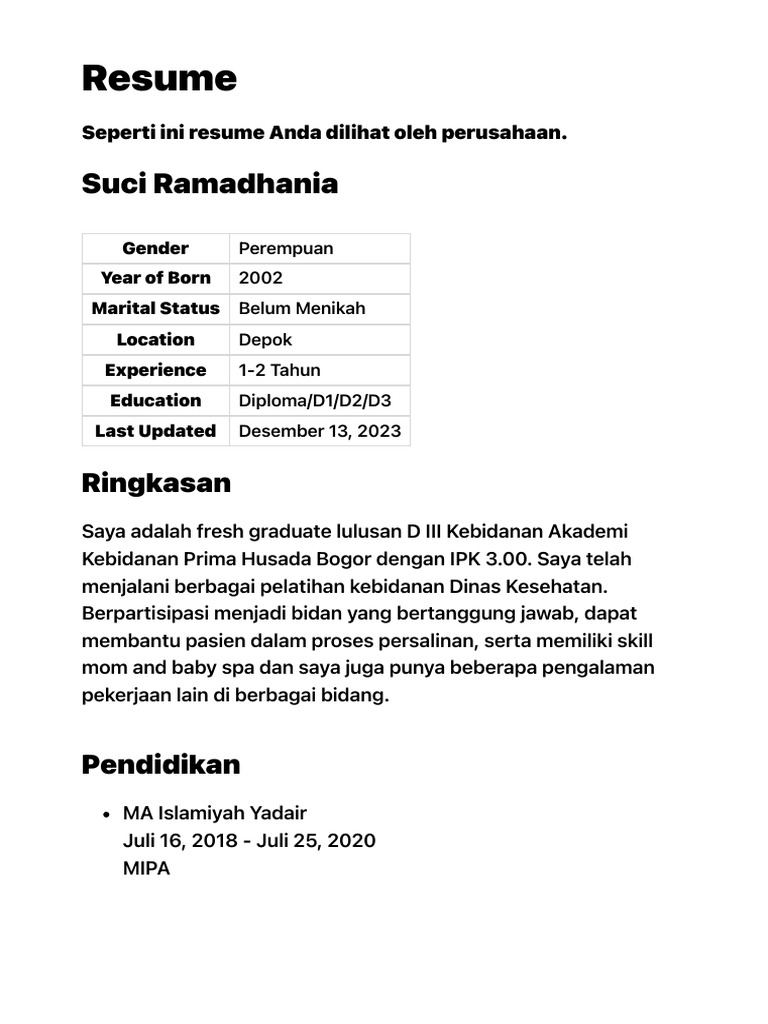 Resume CV Suci Ramadhania | PDF