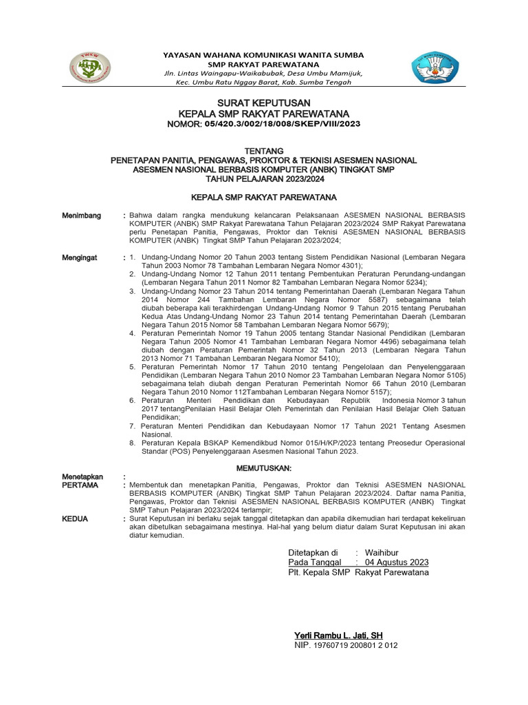 SK Panitia & Pengawas ANBK 2023 | PDF