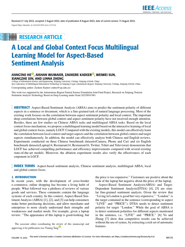 A Local and Global Context Focus Multilingual Learning Model For Aspect-Based Sentiment Analysis ...