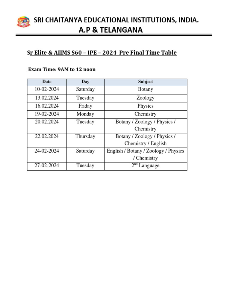 (F) SR Elite & AIIMS S60 (AP & TS) - IPE Pre Final - TIME TABLE-2023-24 | PDF