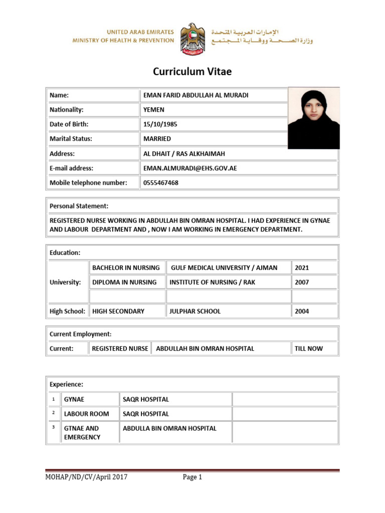 Curriculum Vitae: MOHAP/ND/CV/April 2017 | PDF