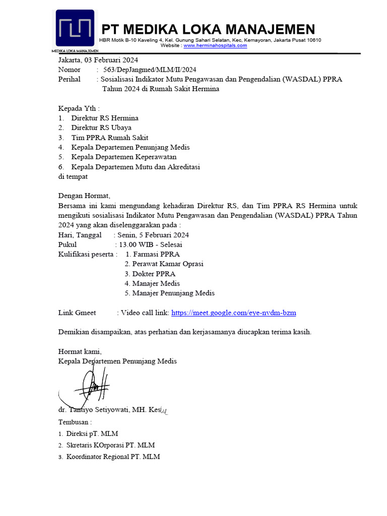Suarat Sosialisasi Profile Indikator WASDAL PPRA Tahun 2024 | PDF