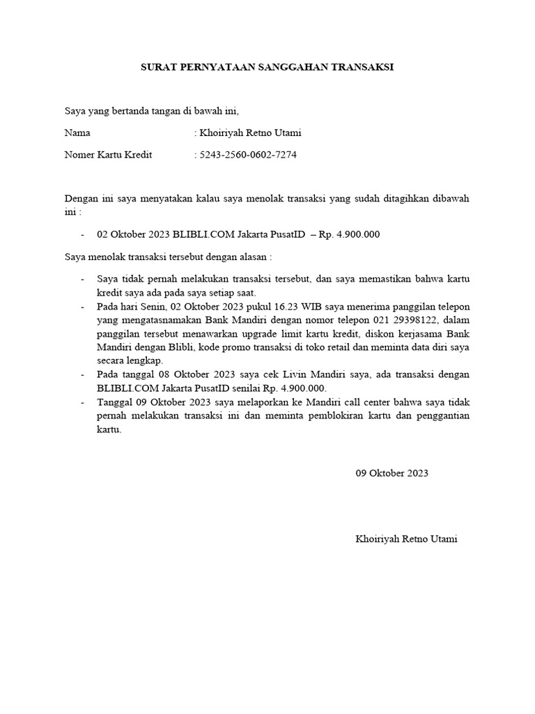 Sanggahan Transaksi Kartu Kredit Mandiri | PDF