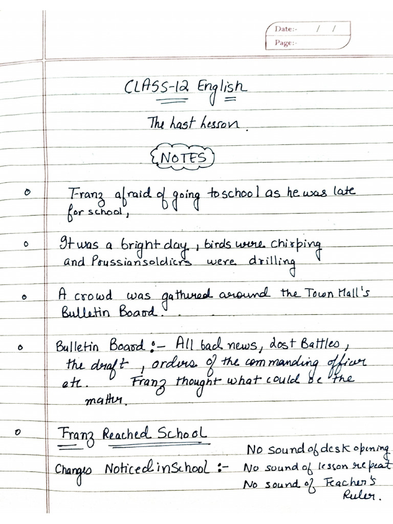 The Last Lesson Handwritten Notes | PDF