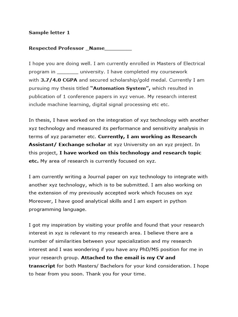 Email Template for Professor Inquiry | PDF