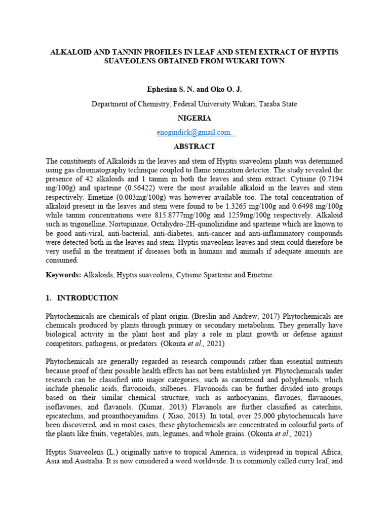 Alkaloid Profiles in Leaf and Stem Extract of Hyptis Suaveolens ... Alkaloid Profiles in Leaf and Stem Extract of Hyptis Suaveolens ...
