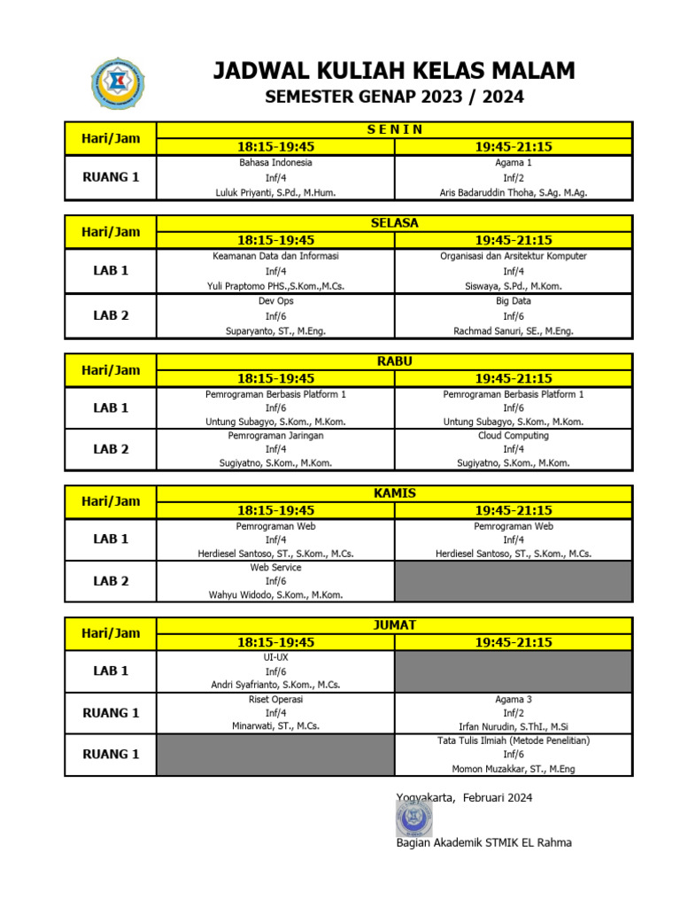 Jadwal Kuliah Kelas Malam 2023/2024 | PDF